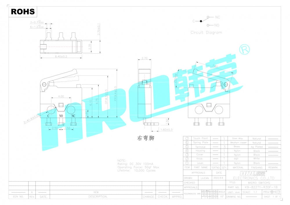 K9-8227Y-R3DF-1B technical drawing and material table