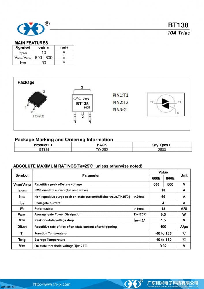 BT138 datasheet page 1