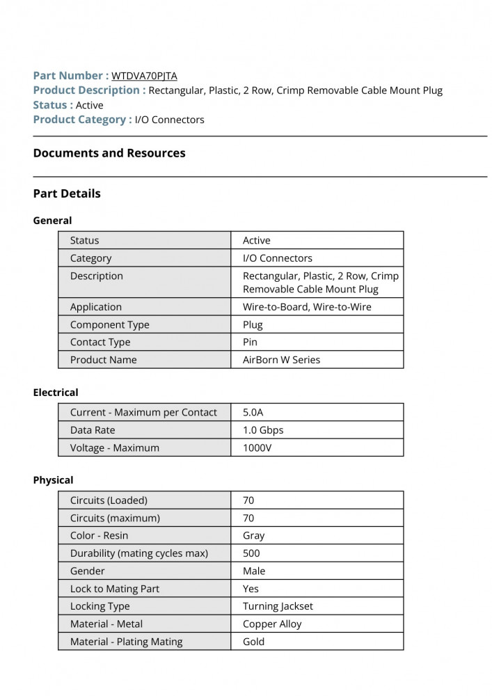 WTDVA70PJTA technical document image, page 1