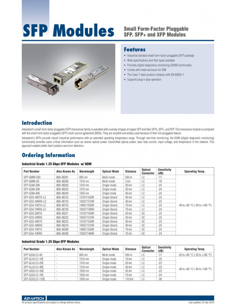 ADVANTECH SFP-FTX-RJ45I-AE technical document page 1