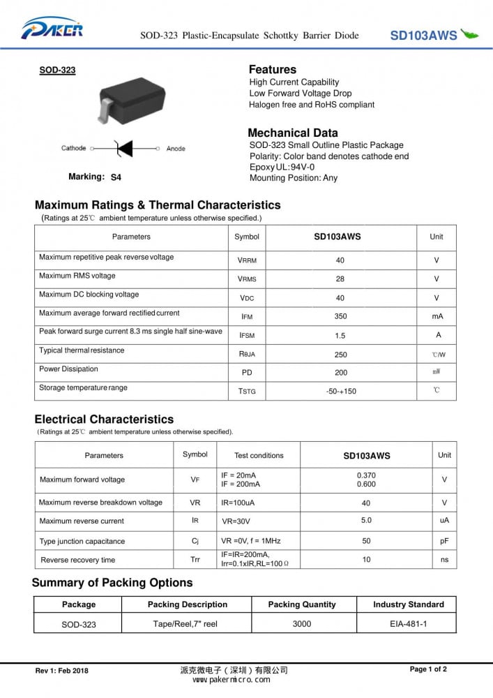 PAKER SD103AWS datasheet page 1