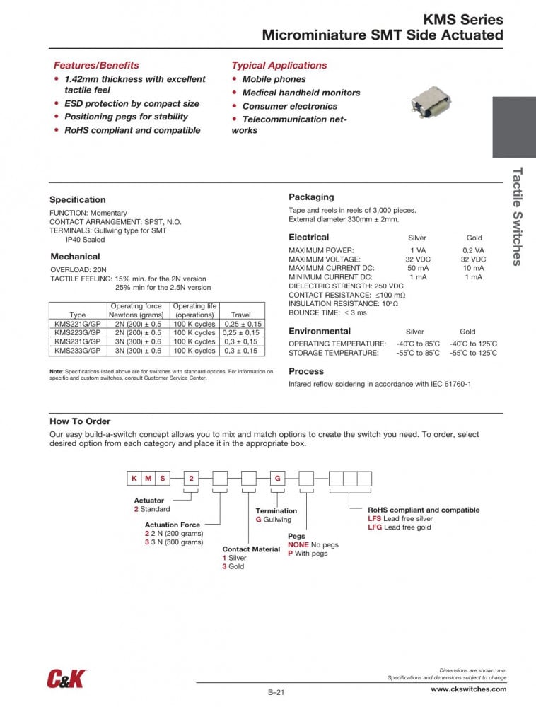 C&K KMS233GPLFG technical document page 1