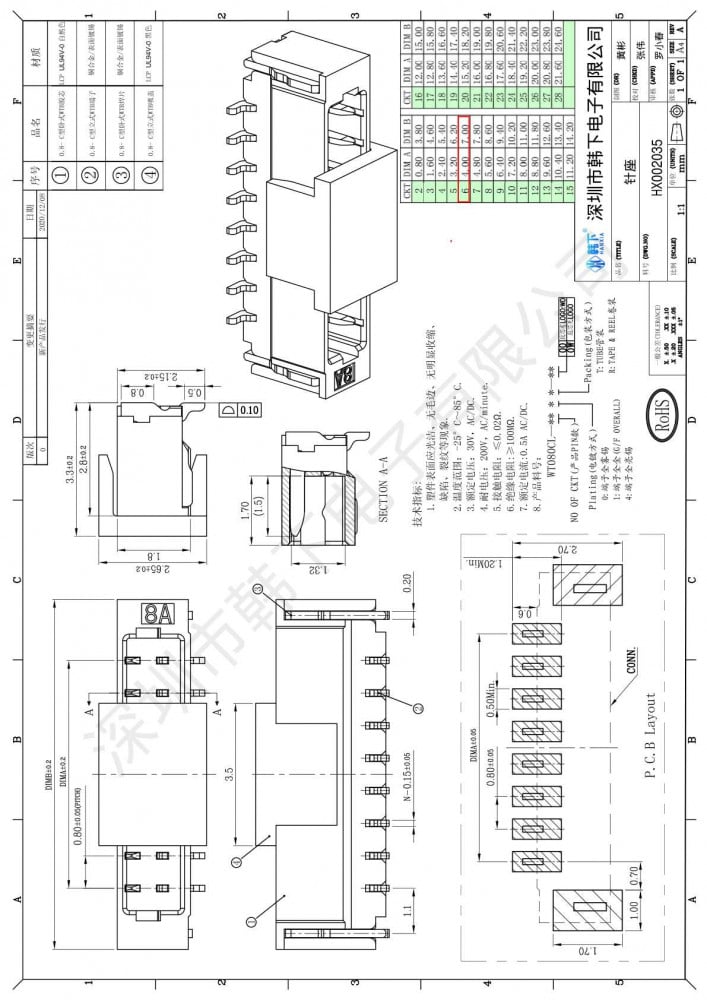 HX002035 specification page 1