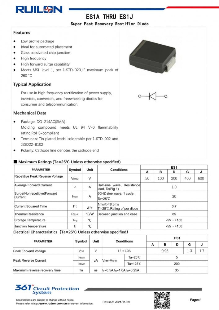 RUILON ES1J datasheet page 1