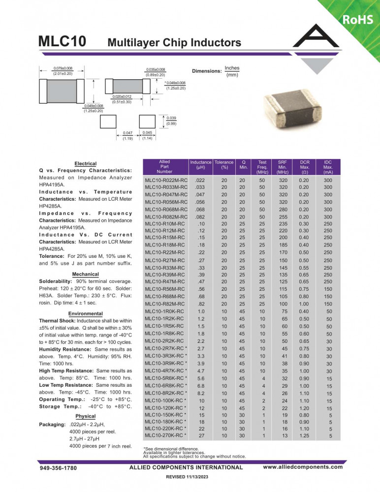 MLC10 series product specification and dimensional reference