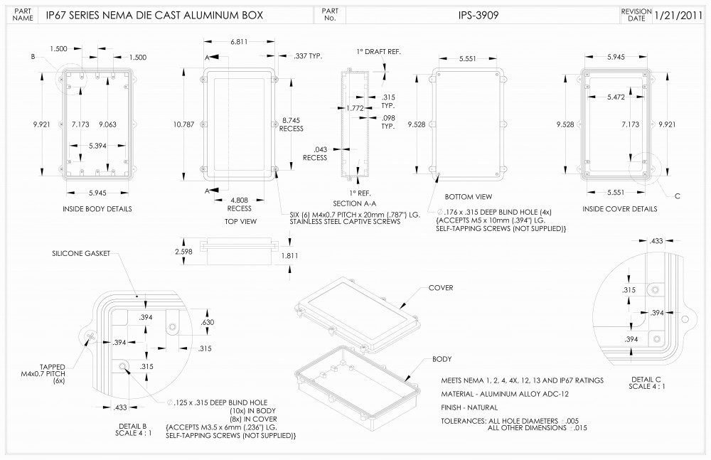 IPS-3909 product drawing showing enclosure features and fastening details