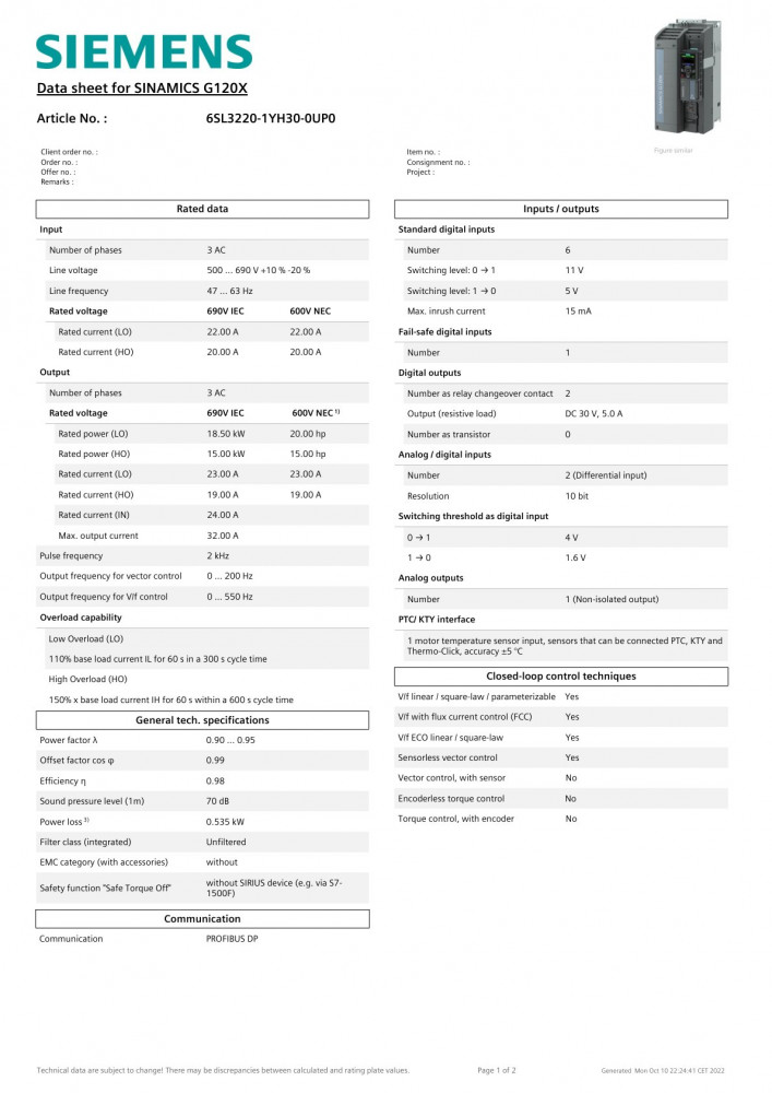6SL3220-1YH30-0UP0 datasheet page 1