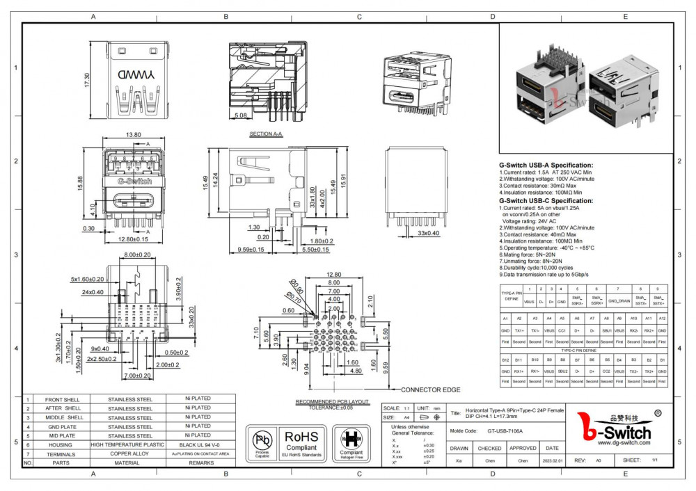 G-Switch GT-USB-7106A technical drawing