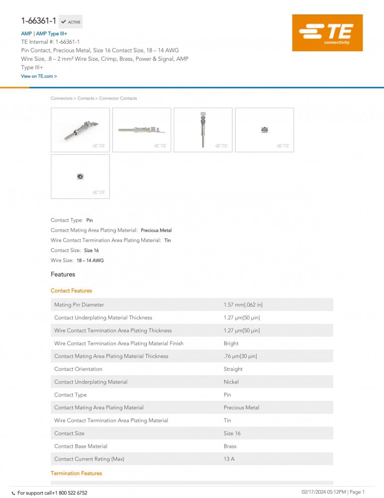 TE Connectivity 1663611 technical document page 1