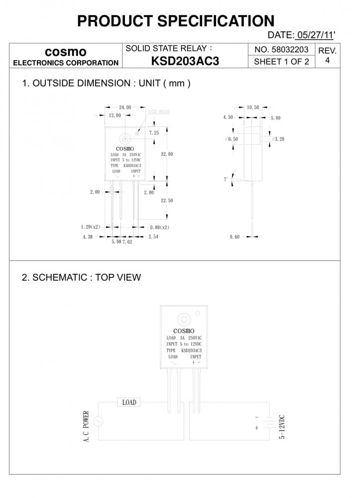 Cosmo KSD203AC3 product specification page 1