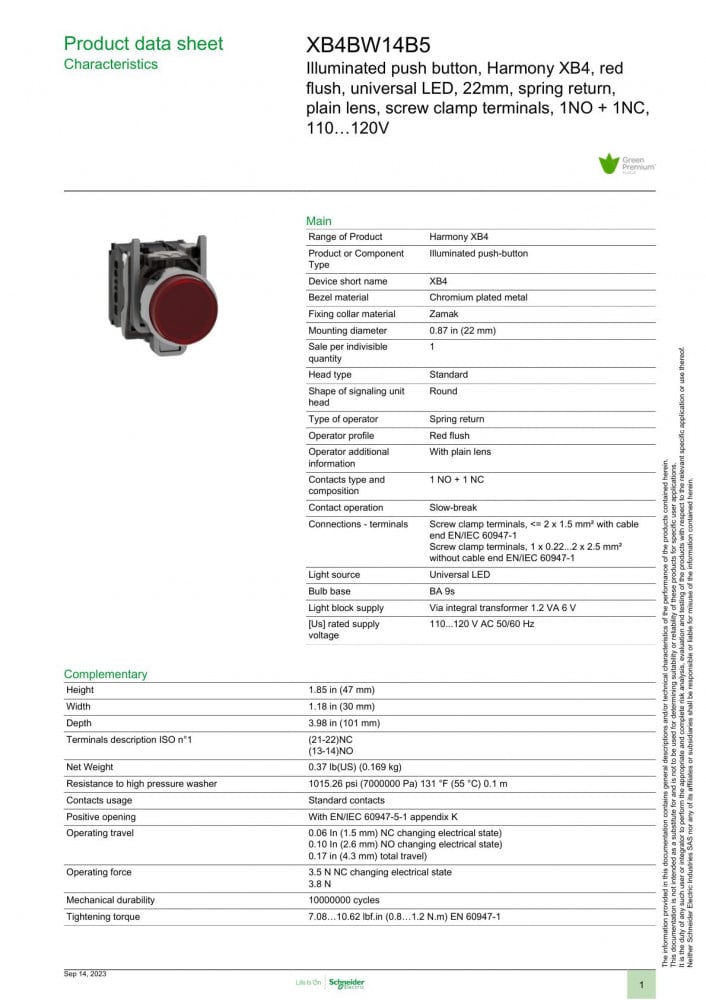 XB4BW14B5 technical document page 1