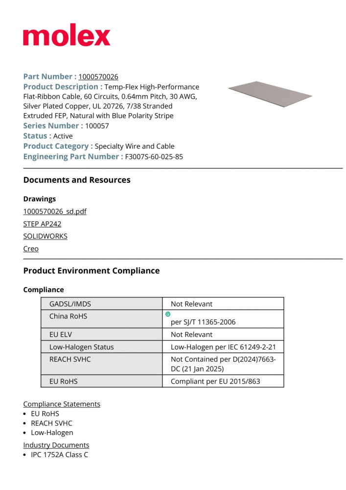 Technical document page 1 for the Molex cable product