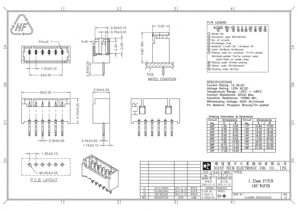 Joint Tech Elec A1250WV 1.25 mm pitch 180 degree wafer drawing