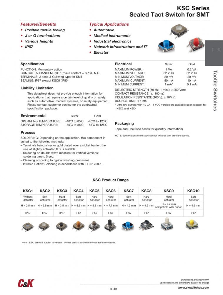 C&K KSC series datasheet page 1