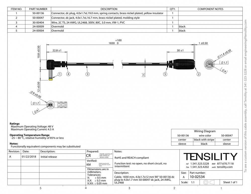 Tensility International 10-02534 cable assembly technical drawing