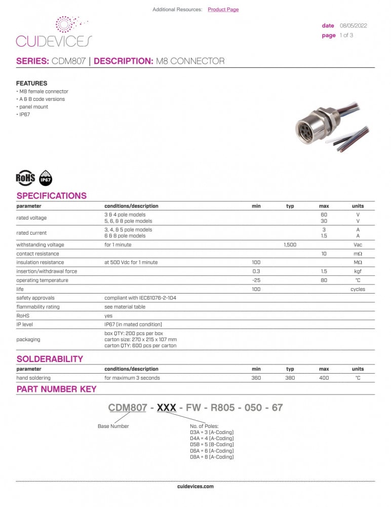 CDM807 product datasheet page 1