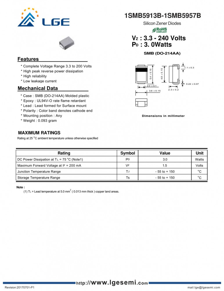 LGE 1SMB5933B datasheet page 1