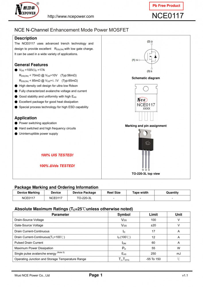 NCE0117 datasheet page 1