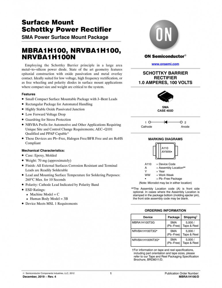 NRVBA1H100NT3G datasheet page 1