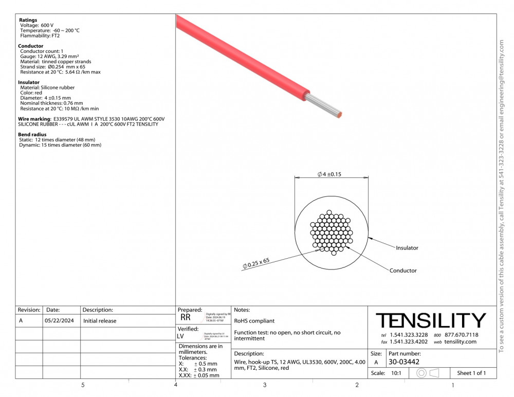 Product drawing for Tensility International model 30-03442, 12 AWG red silicone hook-up wire