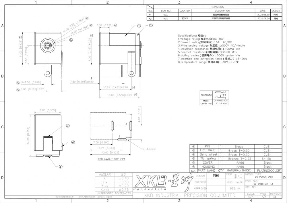 XKB Connection DC-005C-2A-1.3 technical drawing