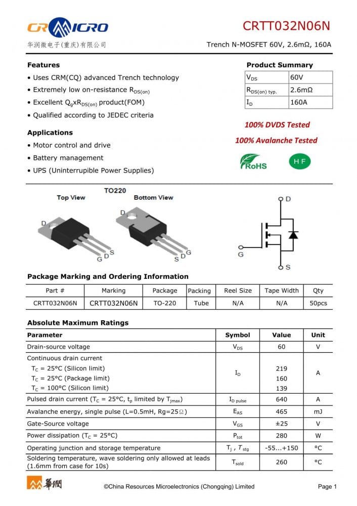 CRTT032N06N datasheet page 1