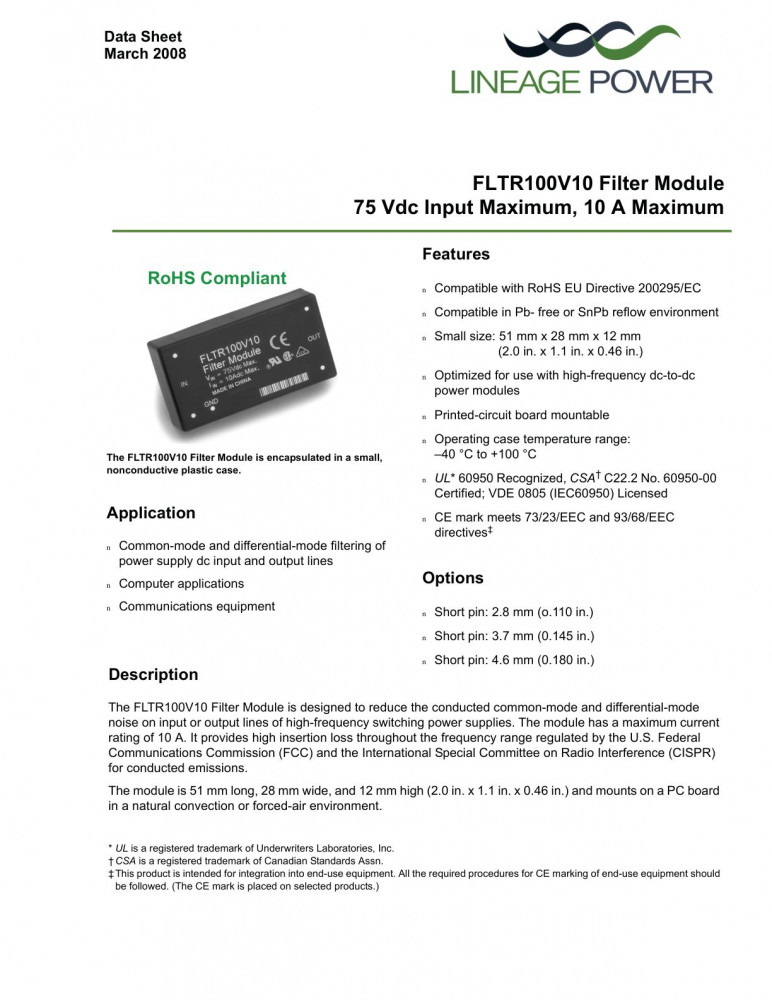 FLTR100V10 datasheet page 1