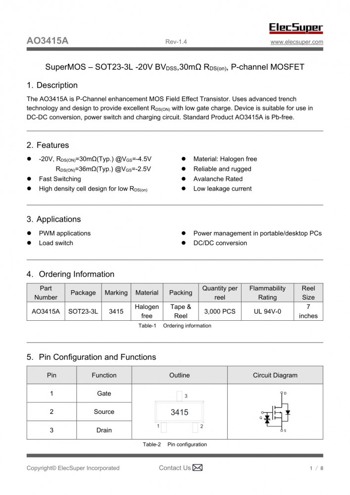 AO3415A datasheet page 1