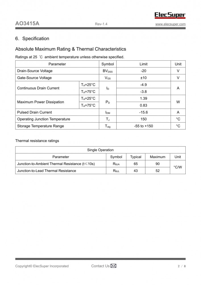 AO3415A datasheet page 2
