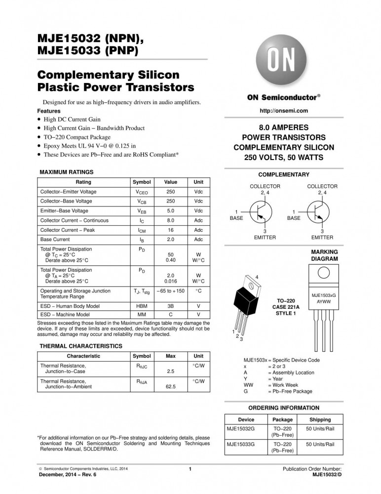 MJE15032G datasheet page 1