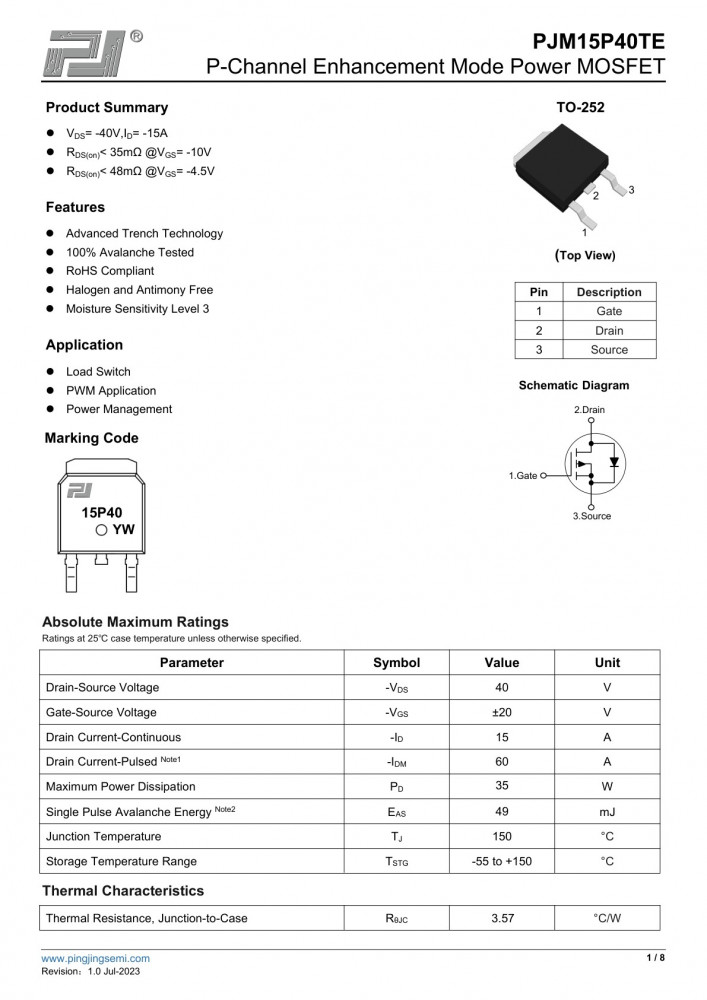 PJM15P40TE datasheet page 1