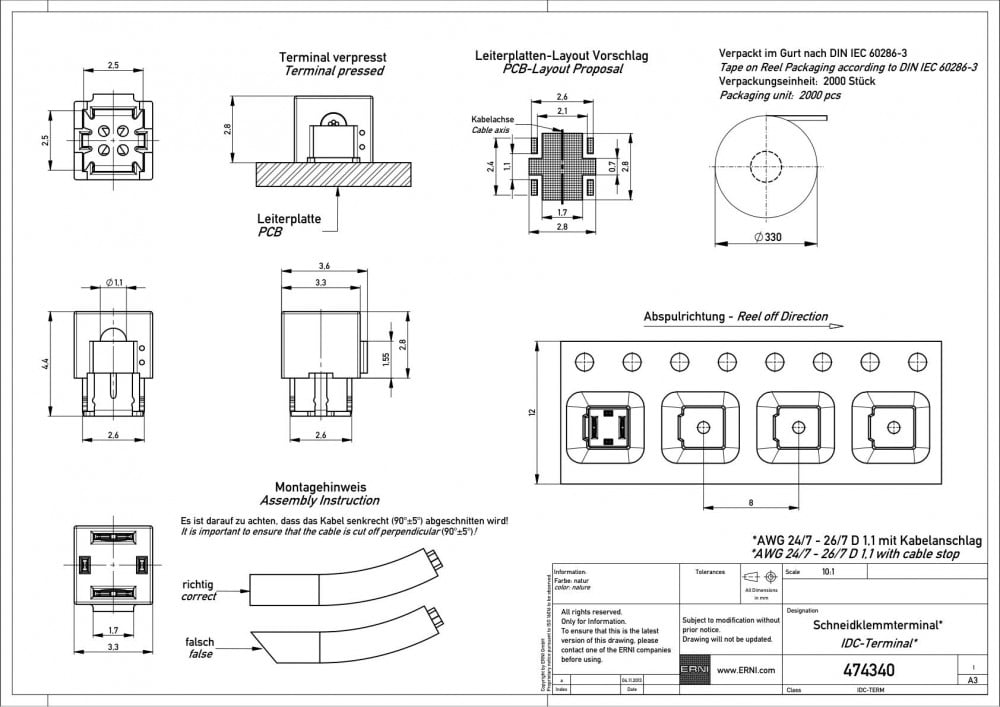 TE Connectivity ERNI 474340 IDC terminal technical drawing