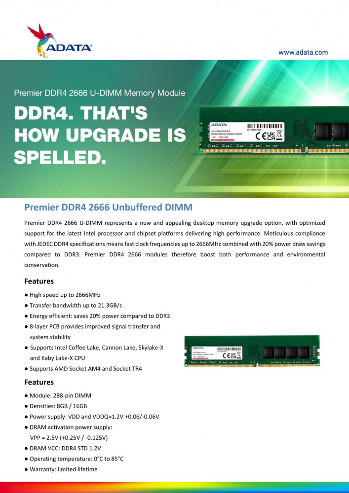 ADATA Premier DDR4 2666 U-DIMM datasheet page 1