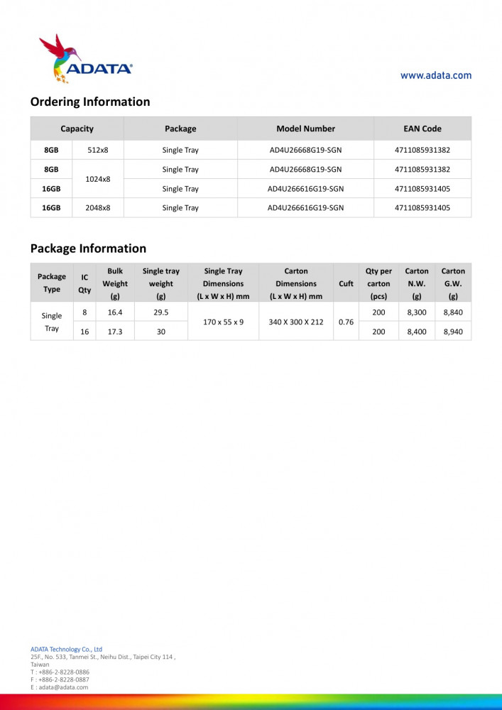 ADATA Premier DDR4 2666 U-DIMM datasheet page 2