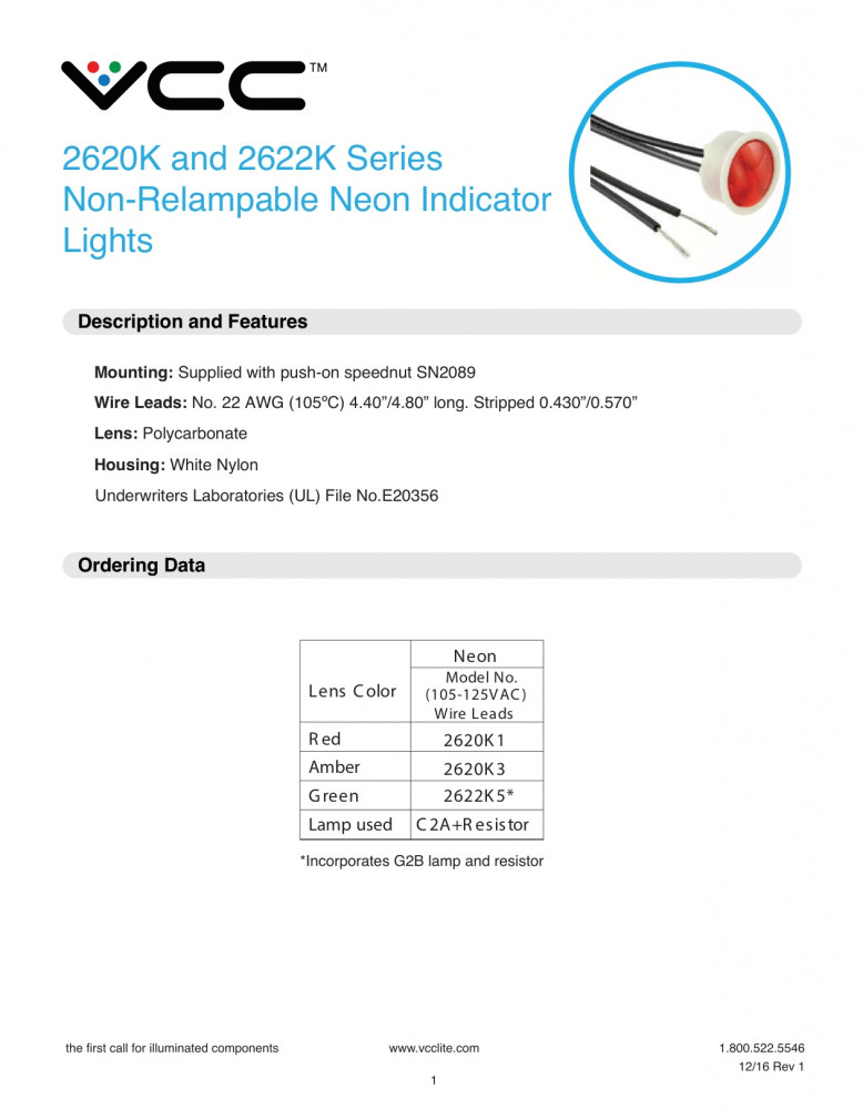 VCC 2620K and 2622K series product documentation, page 1