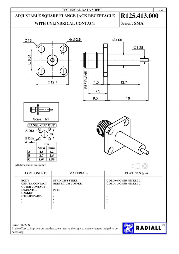 Radiall R125.413.000 technical datasheet, page 1