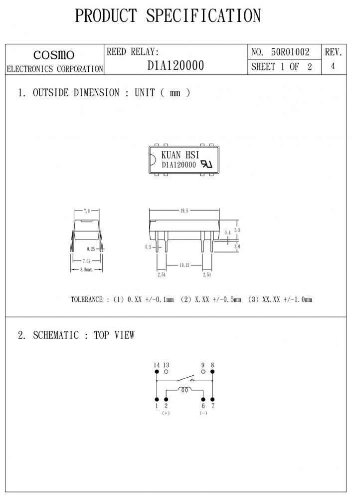 Cosmo D1A120000 specification sheet page 1