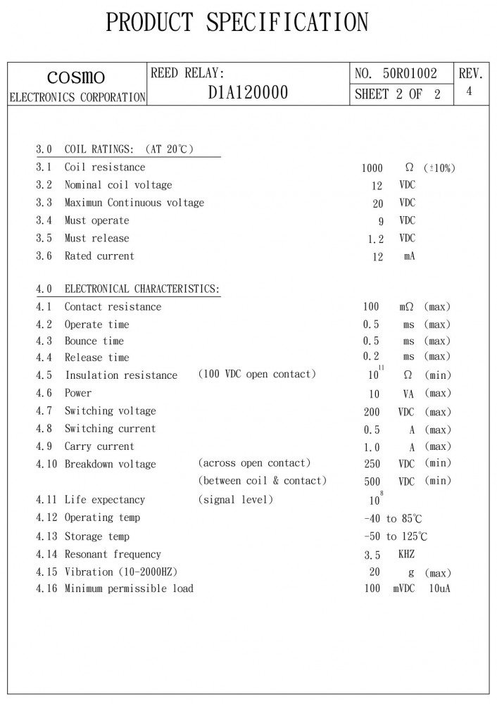 Cosmo D1A120000 specification sheet page 2