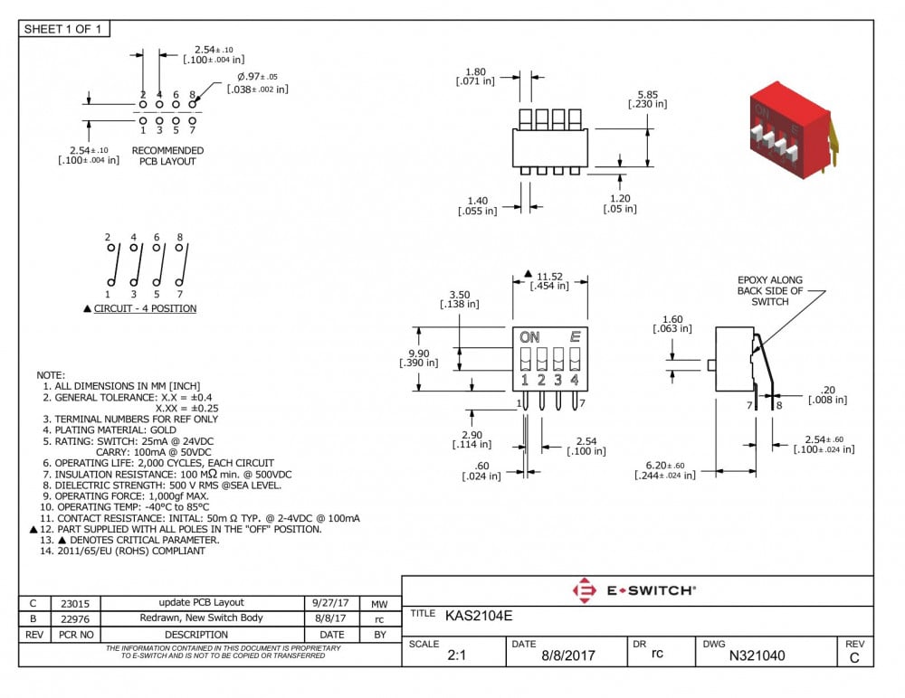 E-Switch KAS2104E technical drawing