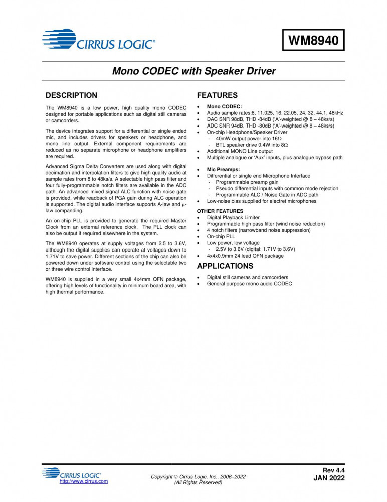 WM8940 datasheet page 1