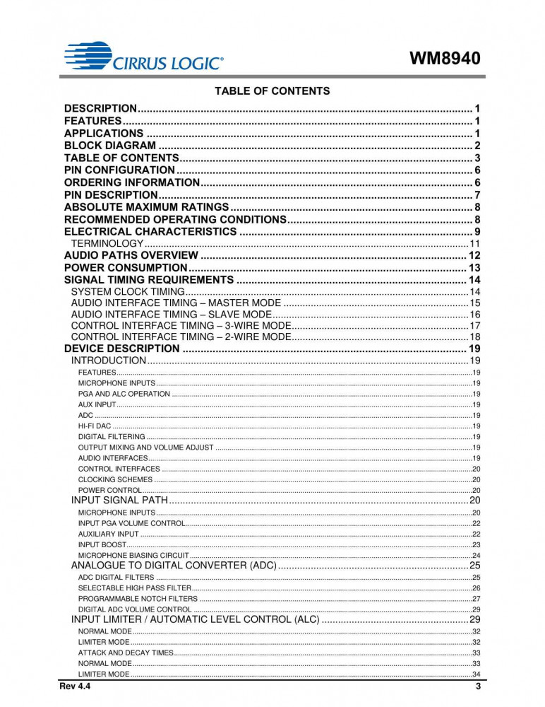 WM8940 datasheet page 3