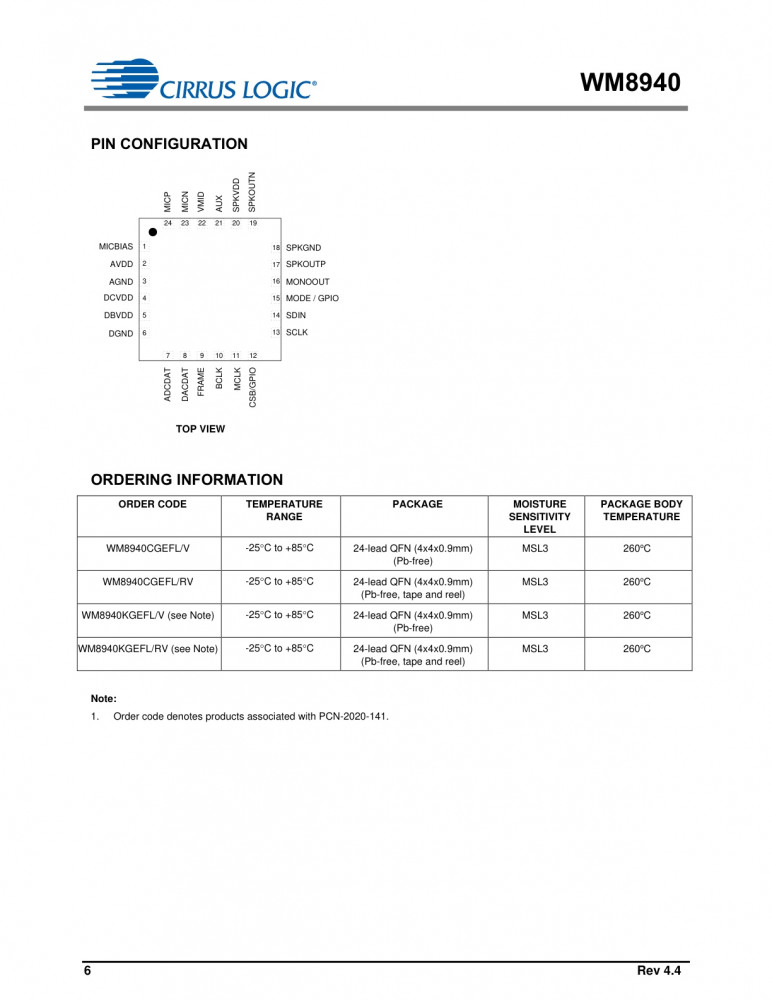 WM8940 datasheet page 6