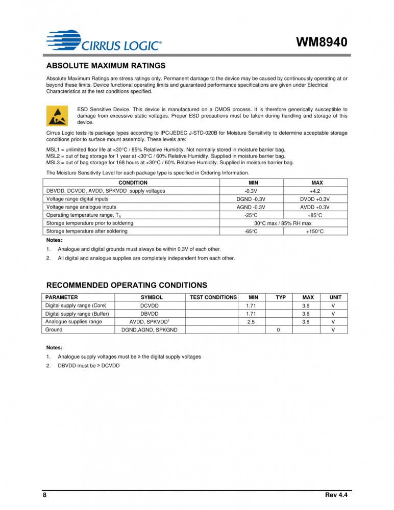WM8940 datasheet page 8