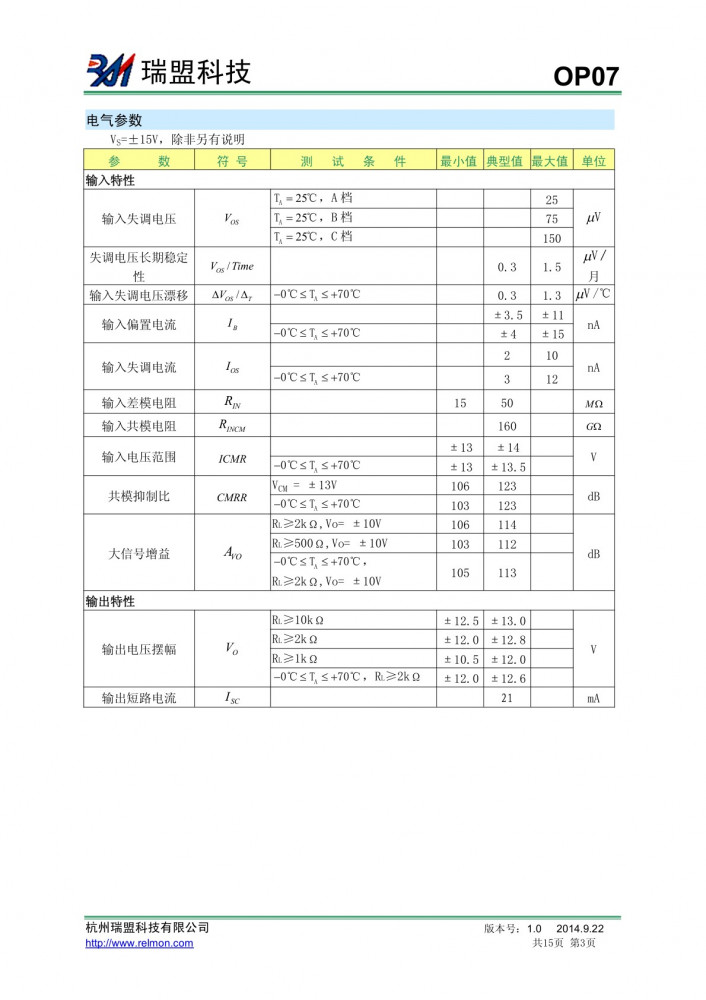 OP07 datasheet page 3