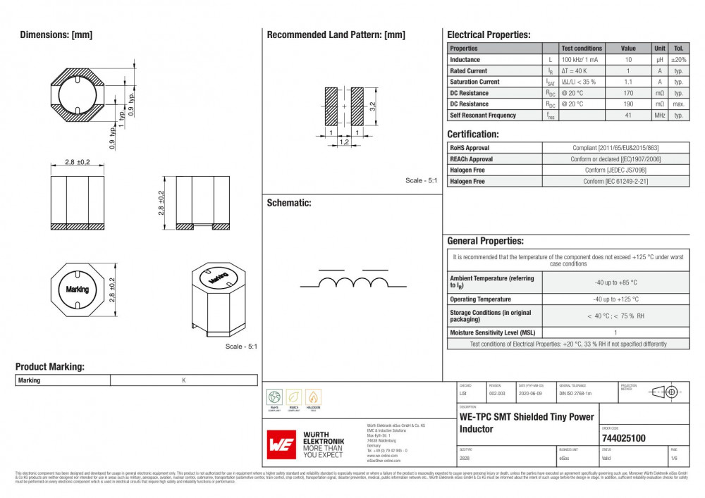 744025100 datasheet page 1: dimensions and electrical properties