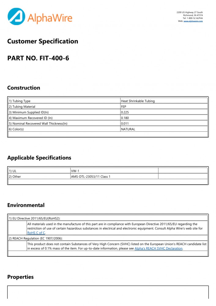 Alpha Wire FIT-400-6 technical document page 1