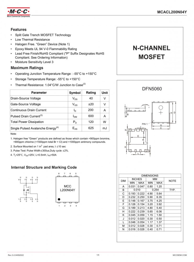MCACL200N04Y-TP datasheet page 1