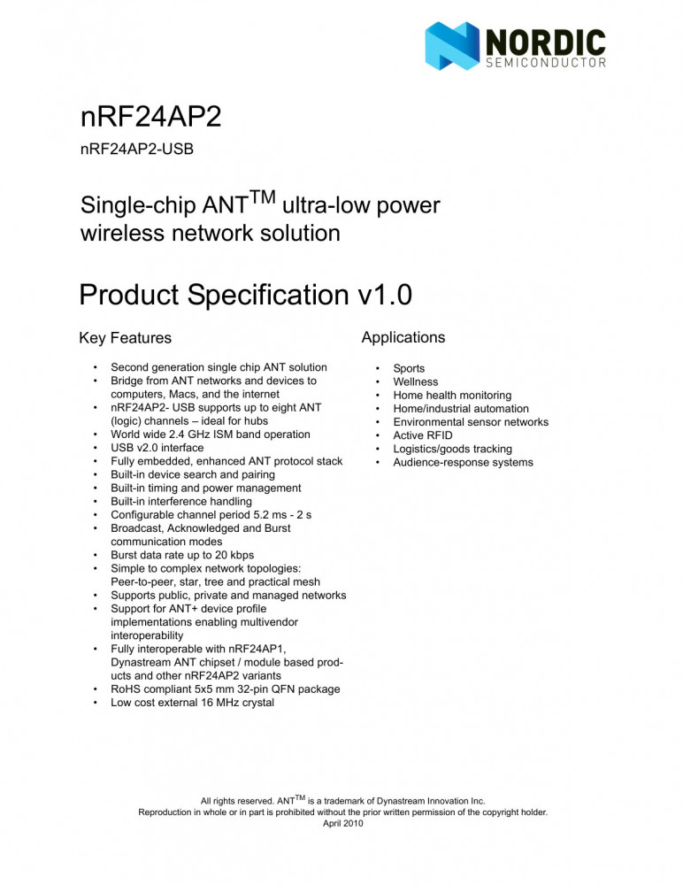 NRF24AP2 specification page 1