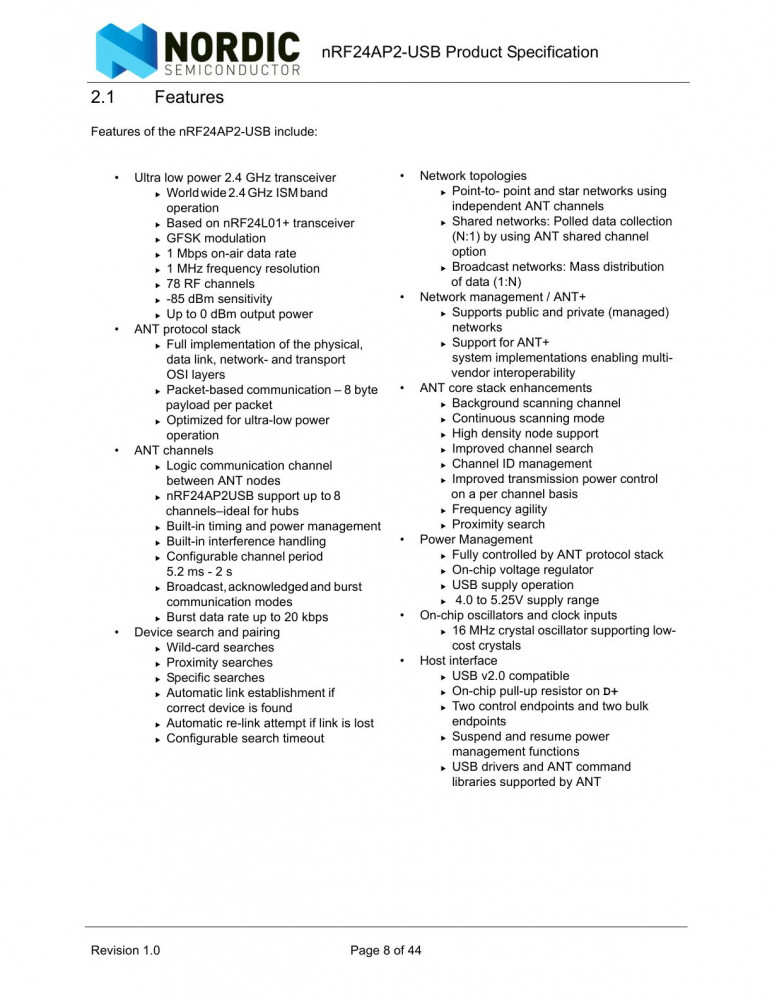 NRF24AP2 specification page 8
