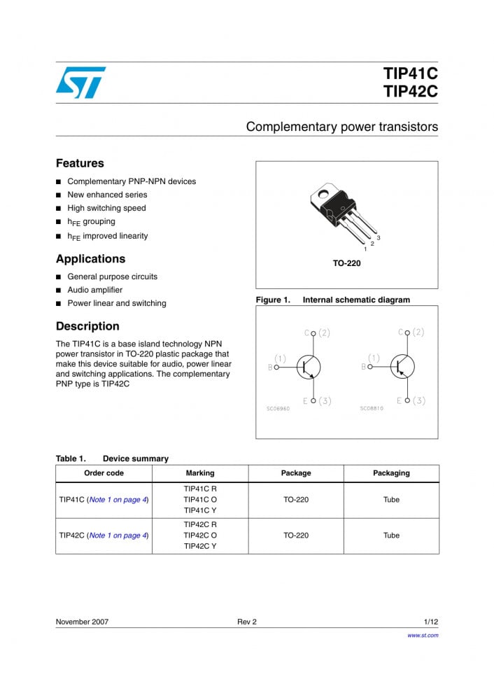 TIP42C datasheet page 1